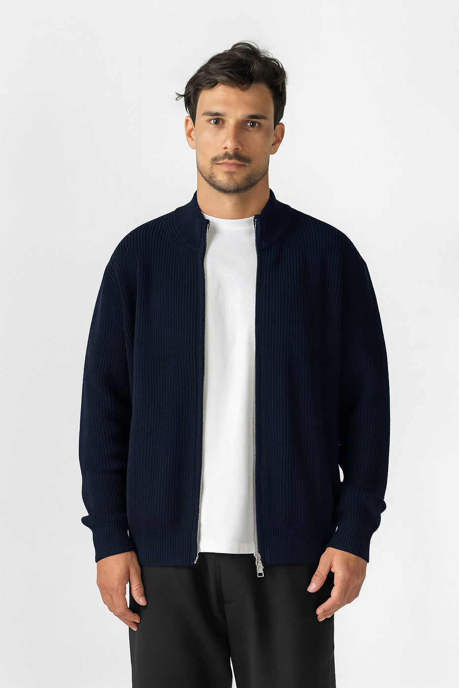 Navy Knitted Double Zip Sweater – Kai Collections